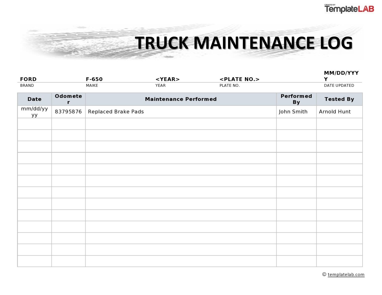 Printable Free Vehicle Maintenance Log Template - Template Free Printable