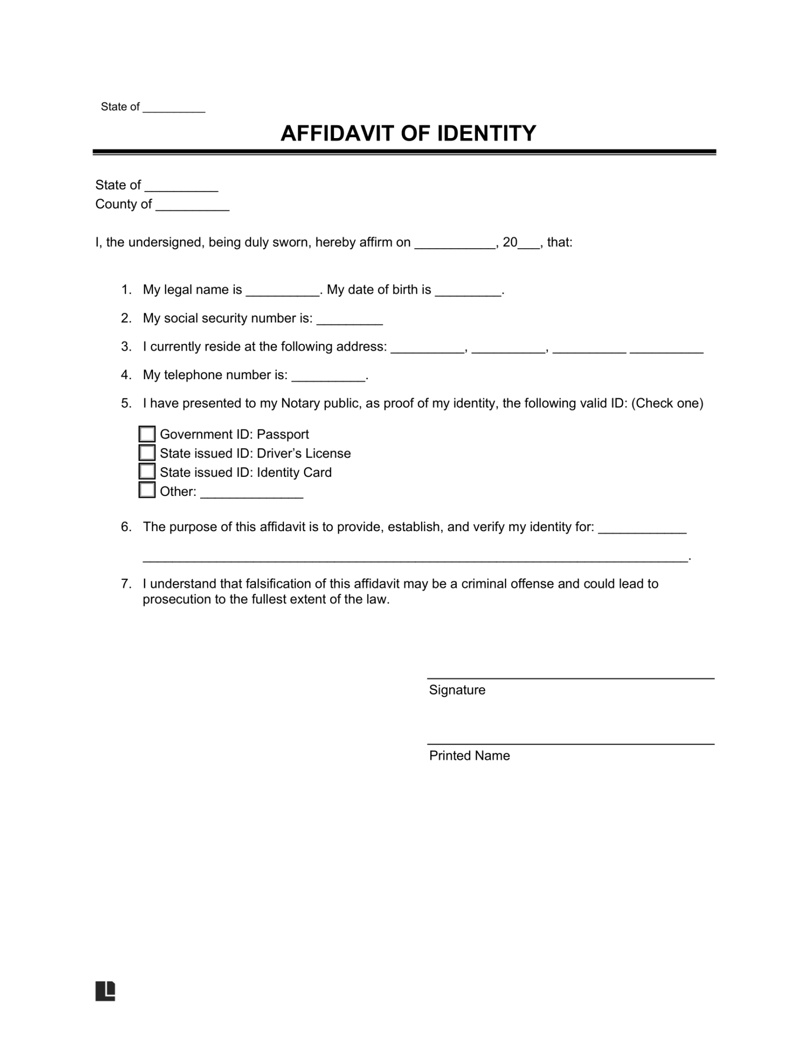 Free Printable Affidavit Of Identity - Template Free Printable