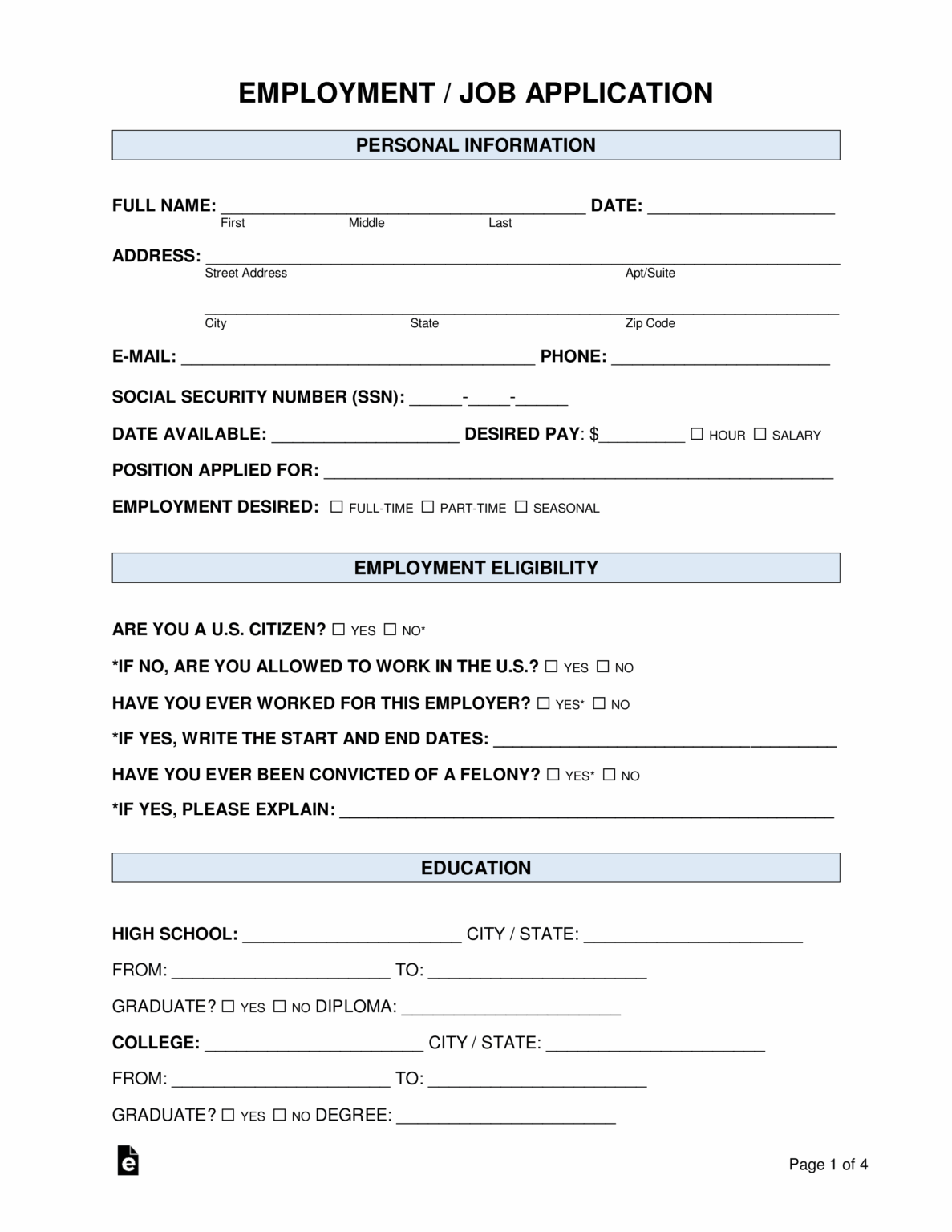 Free Printable Job Application Form Pdf - Template Free Printable