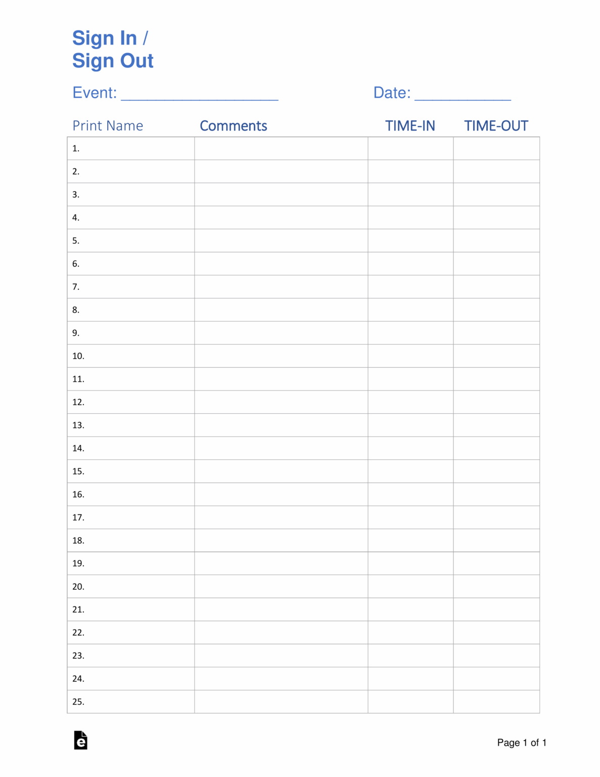 Free Printable Sign In Sheet Template - Template Free Printable