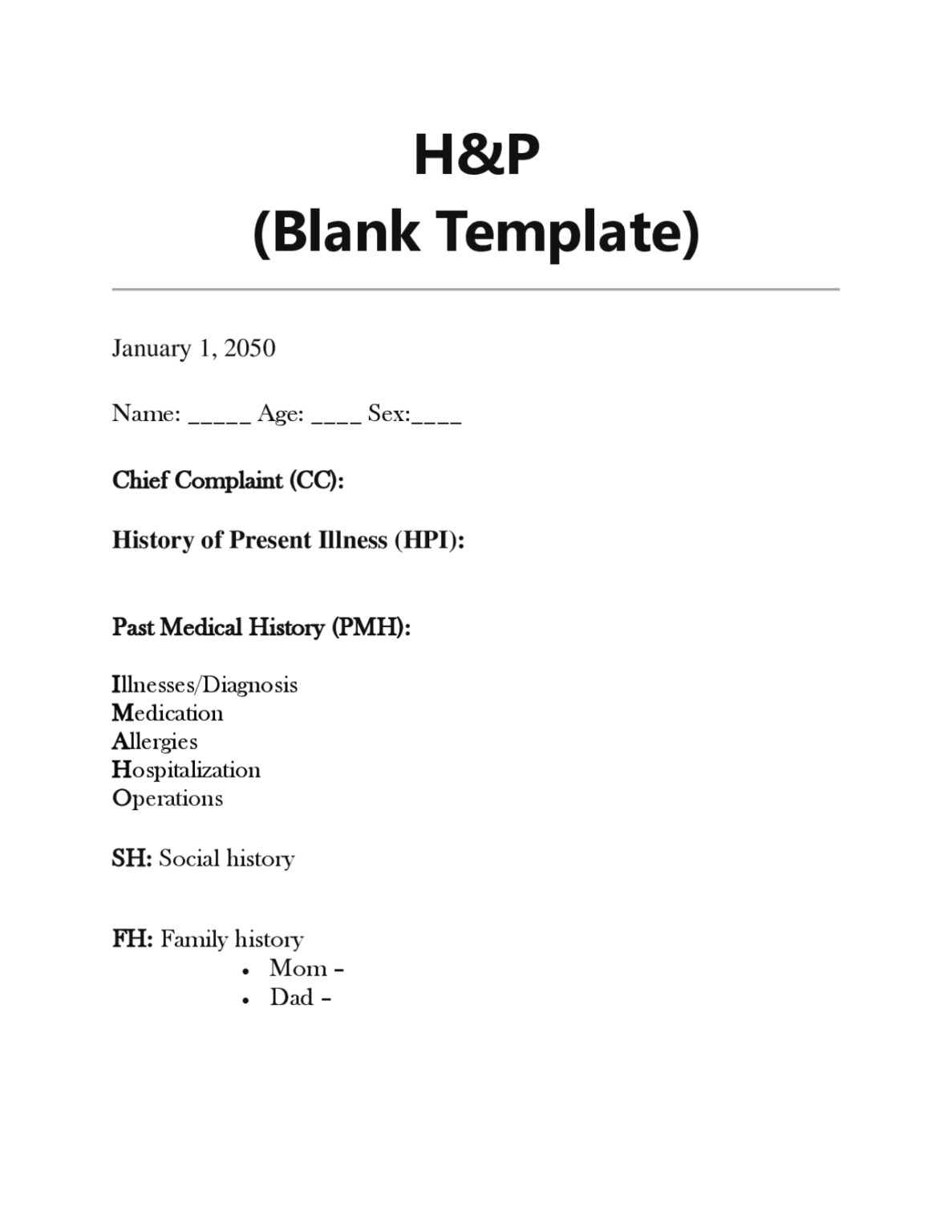 Printable Blank H&P Template Free - Template Free Printable