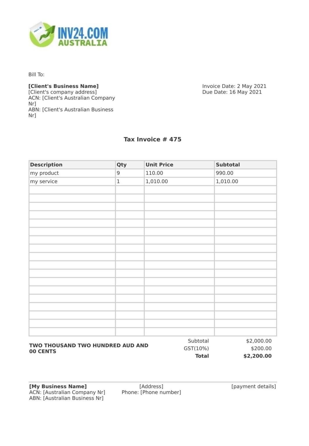 Free Printable Tax Invoice Template Australia - Template Free Printable