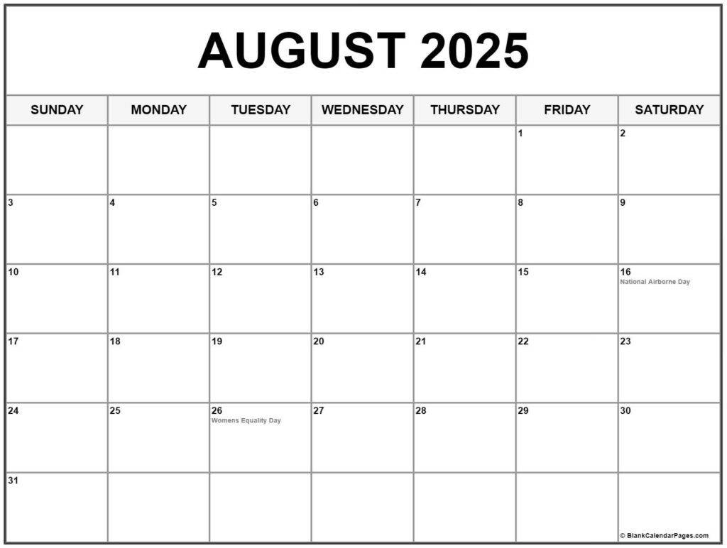 National Holiday Calendar August 2025 - Template Free Printable