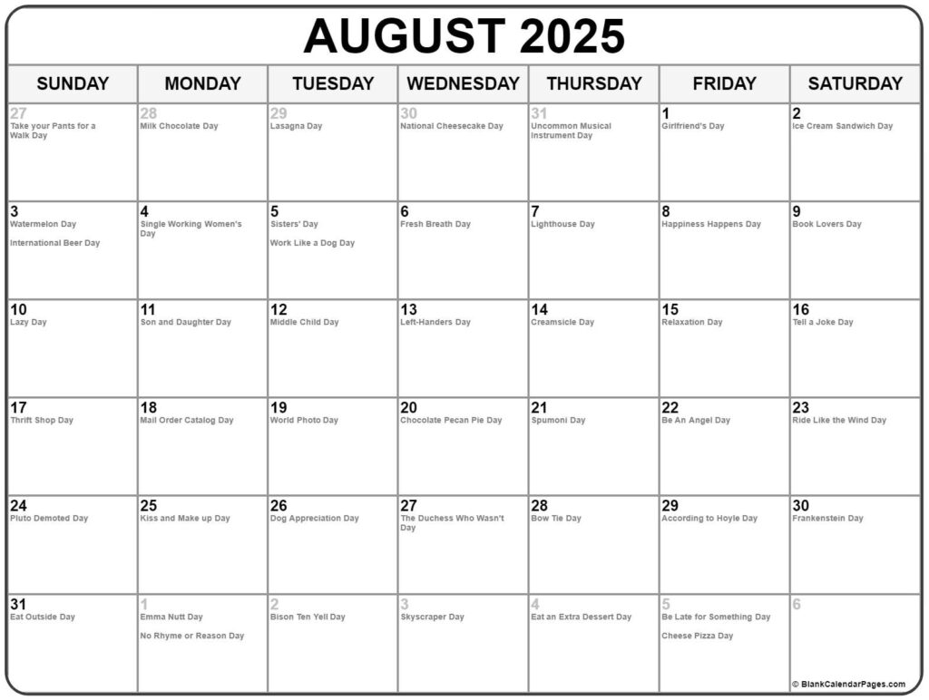August 2025 Calendar National Days - Template Free Printable