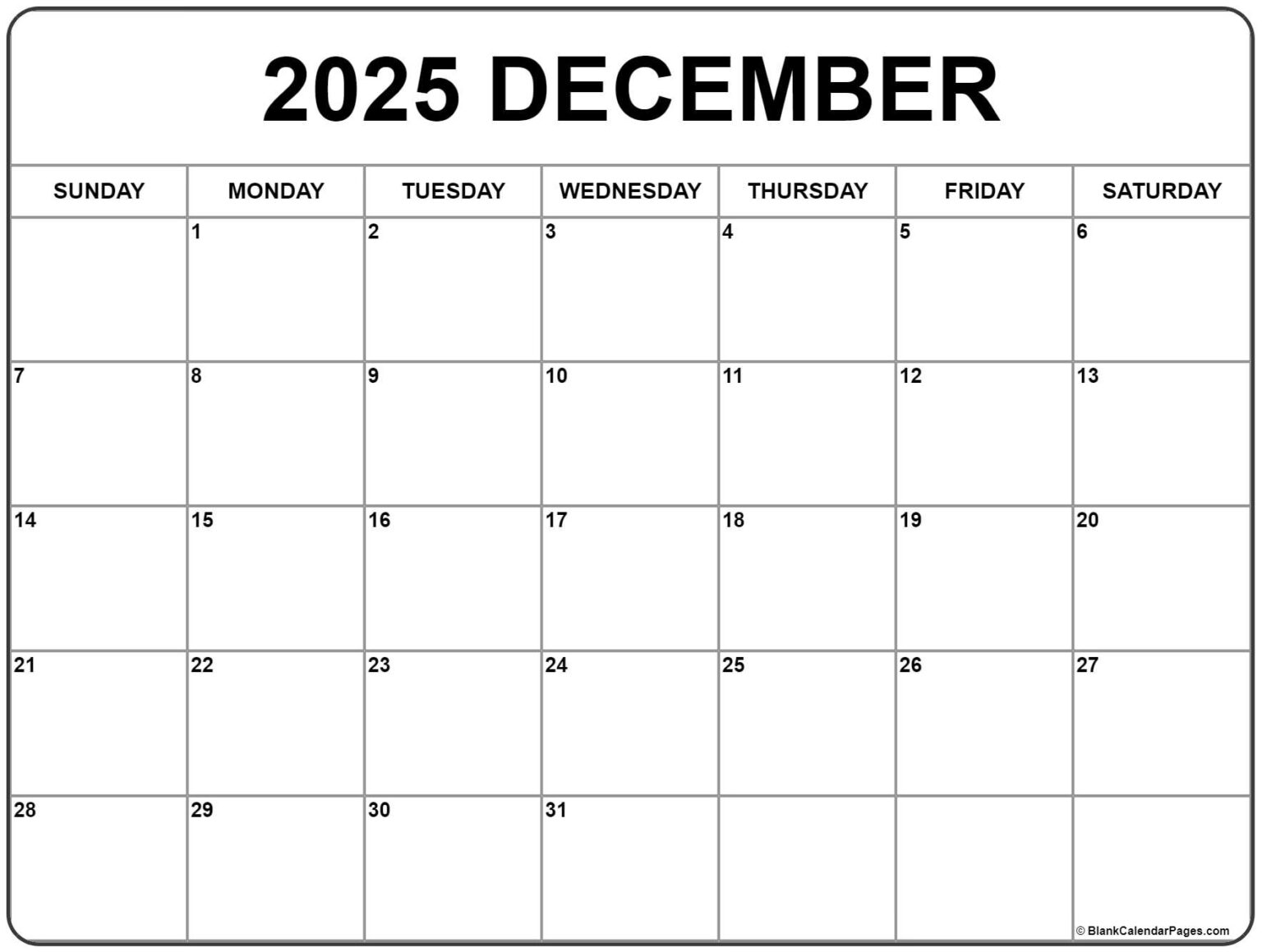 Blank Calender December 2025 - Template Free Printable