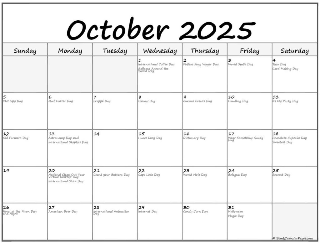 National Days In October 2025 Calendar - Template Free Printable