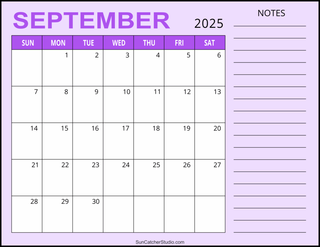 September Calendar 2025 With Notes - Template Free Printable