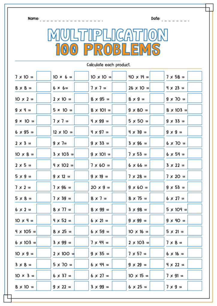 Multiplication Worksheets 100 Problems Printable - Template Free Printable
