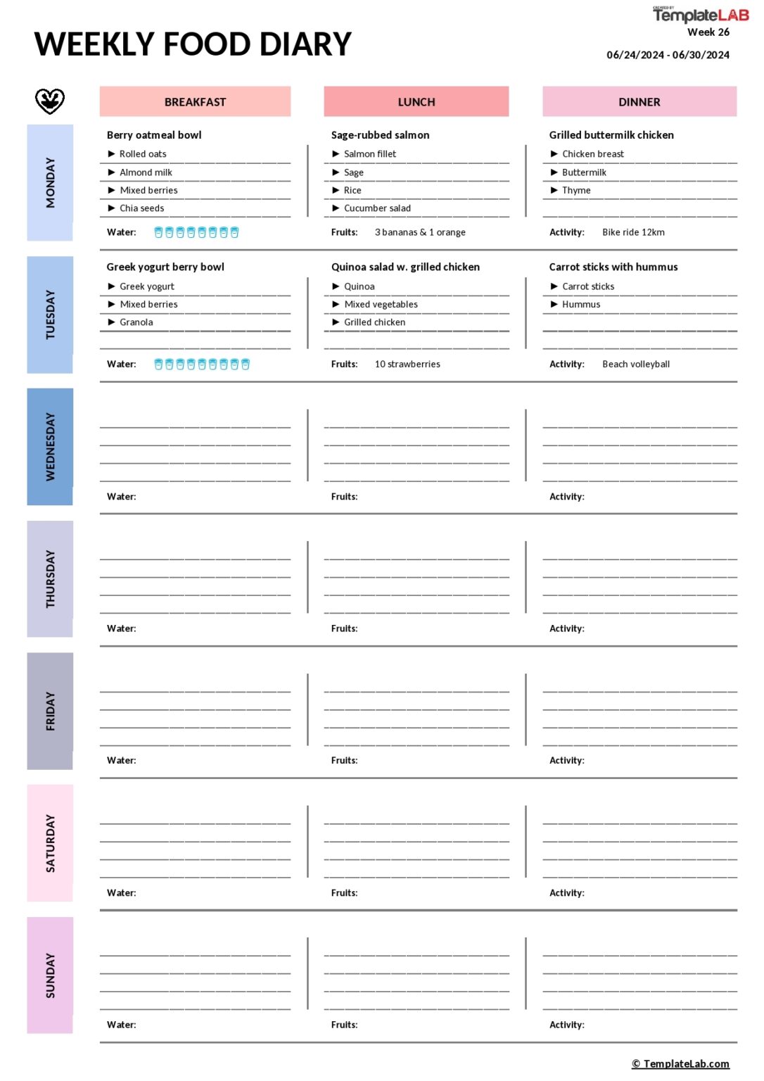 Food Intake Chart Printable - Template Free Printable