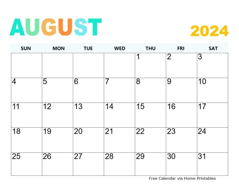 August Printable Calender - Template Free Printable