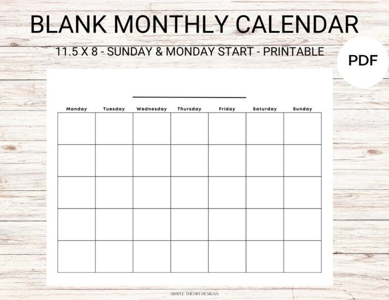 Printable Calendar Monday Through Sunday - Template Free Printable