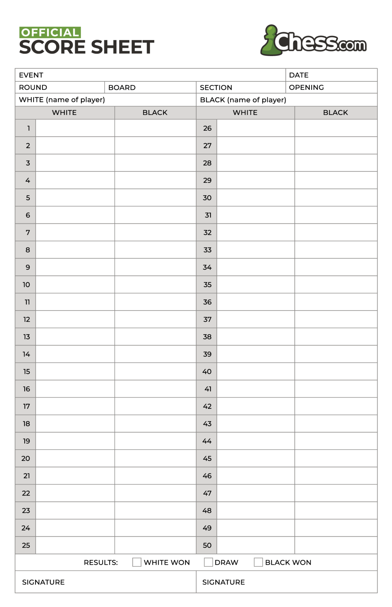 Chess Score Sheet Printable - Template Free Printable