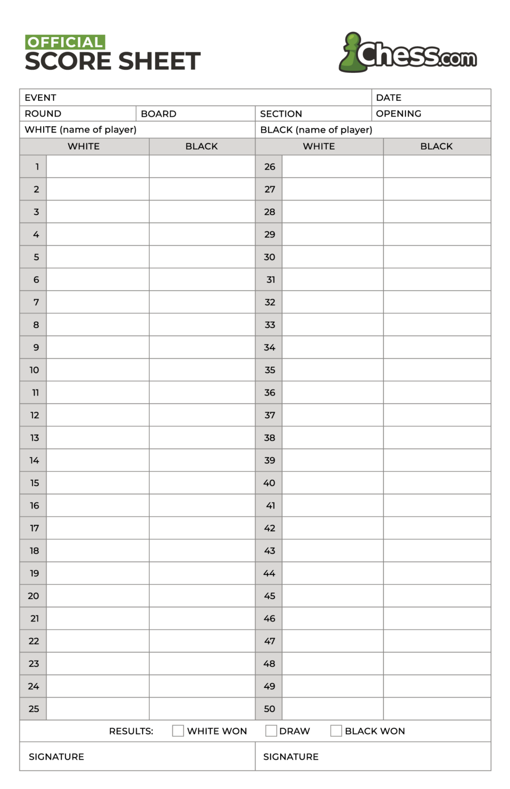 Chess Score Sheet Printable - Template Free Printable