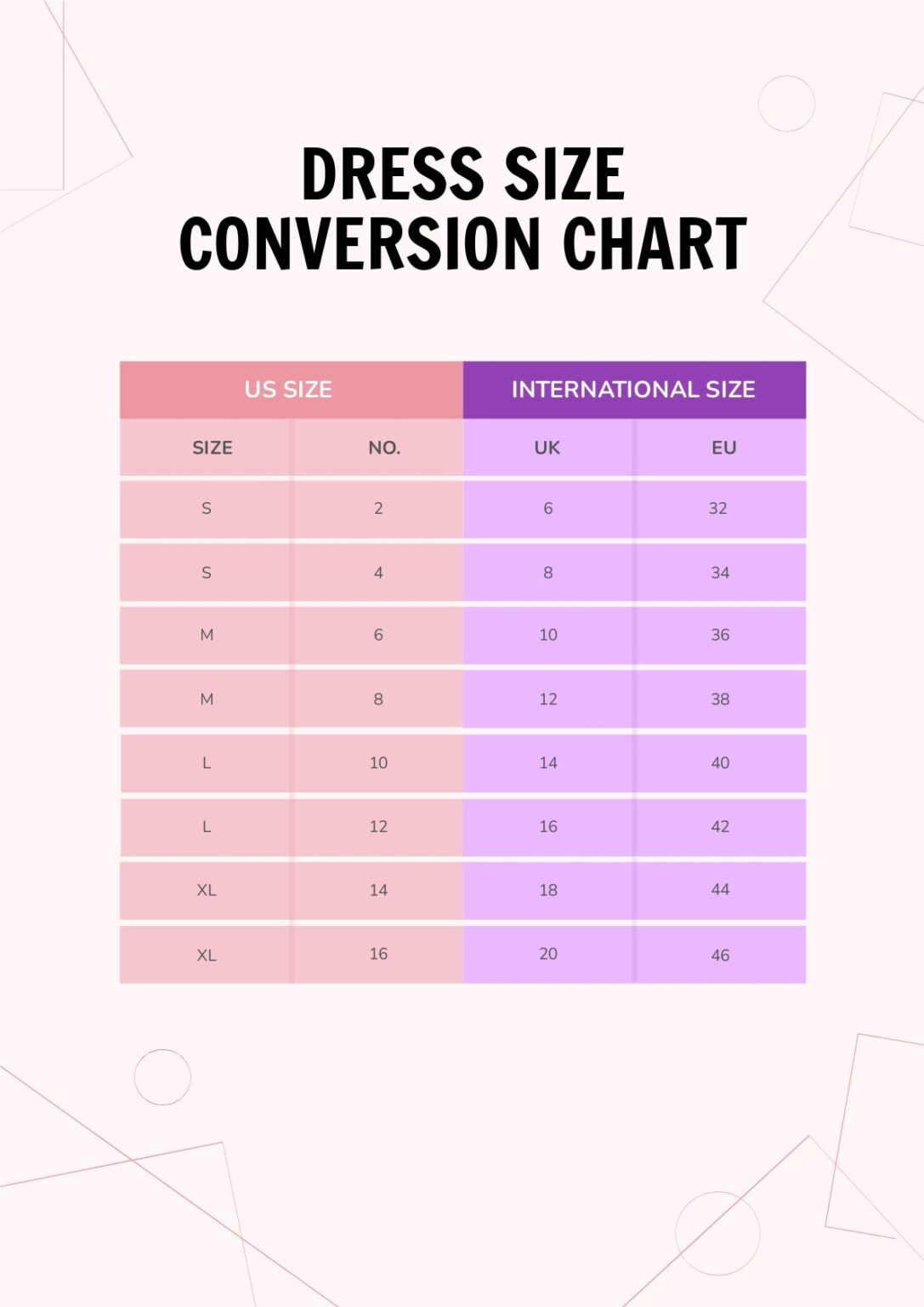 Printable Clothing Size Conversion Chart - Template Free Printable