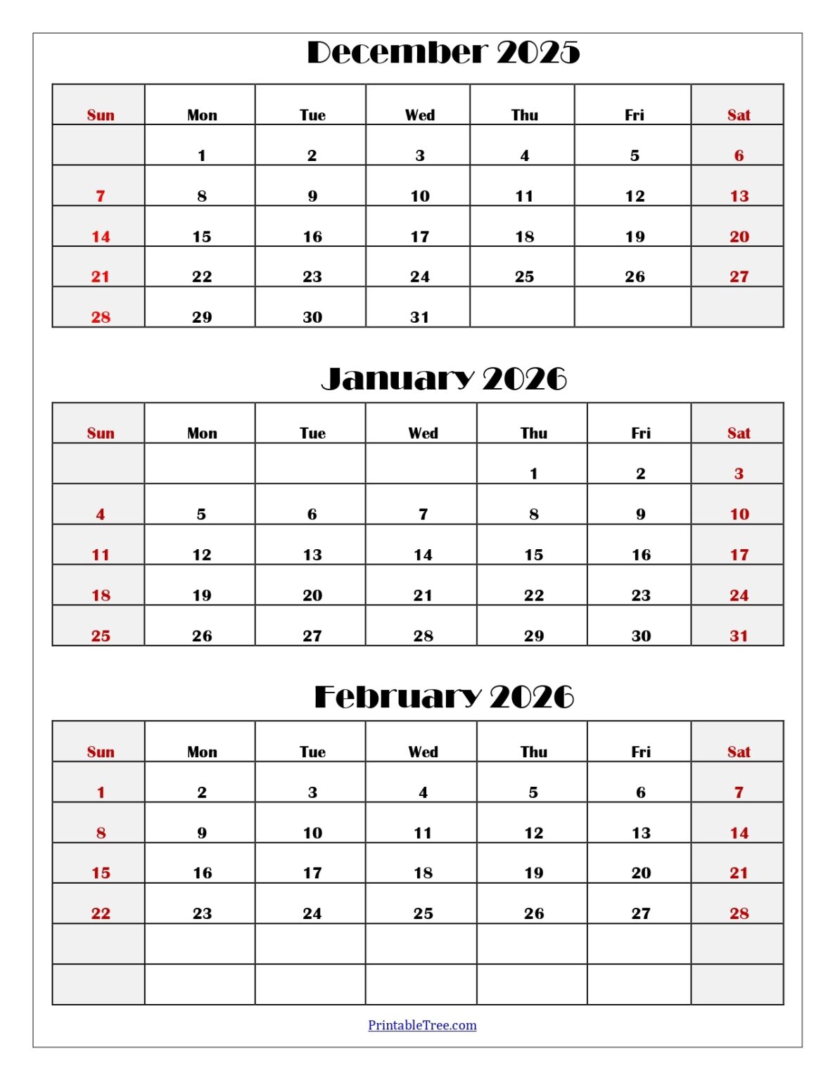 December January February Calendar Printable - Template Free Printable