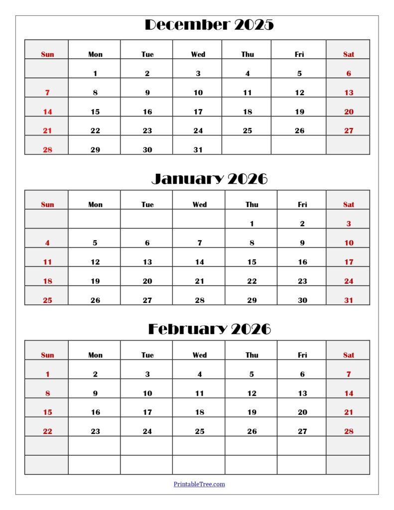 December January February Calendar Printable - Template Free Printable
