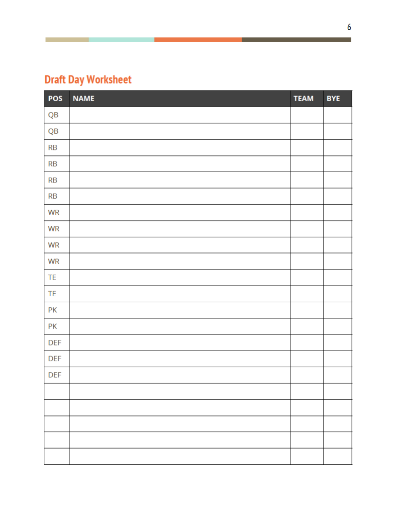 Printable Fantasy Roster Sheet - Template Free Printable