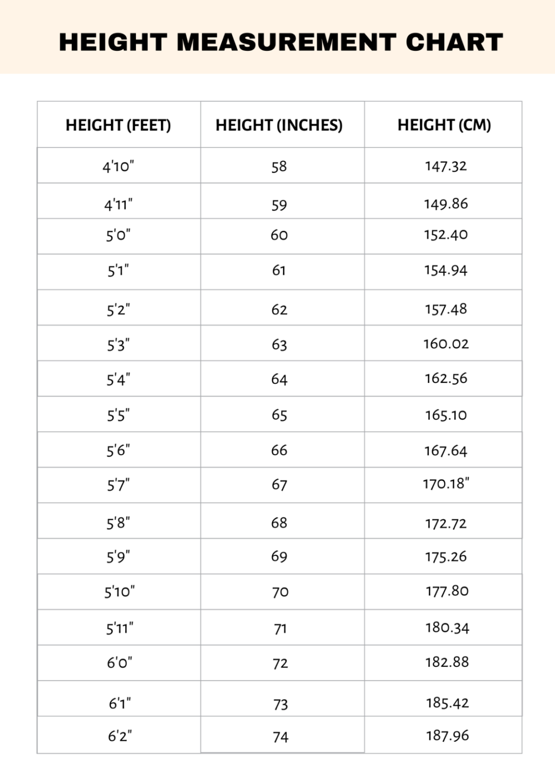 Printable Height Chart In Inches - Template Free Printable