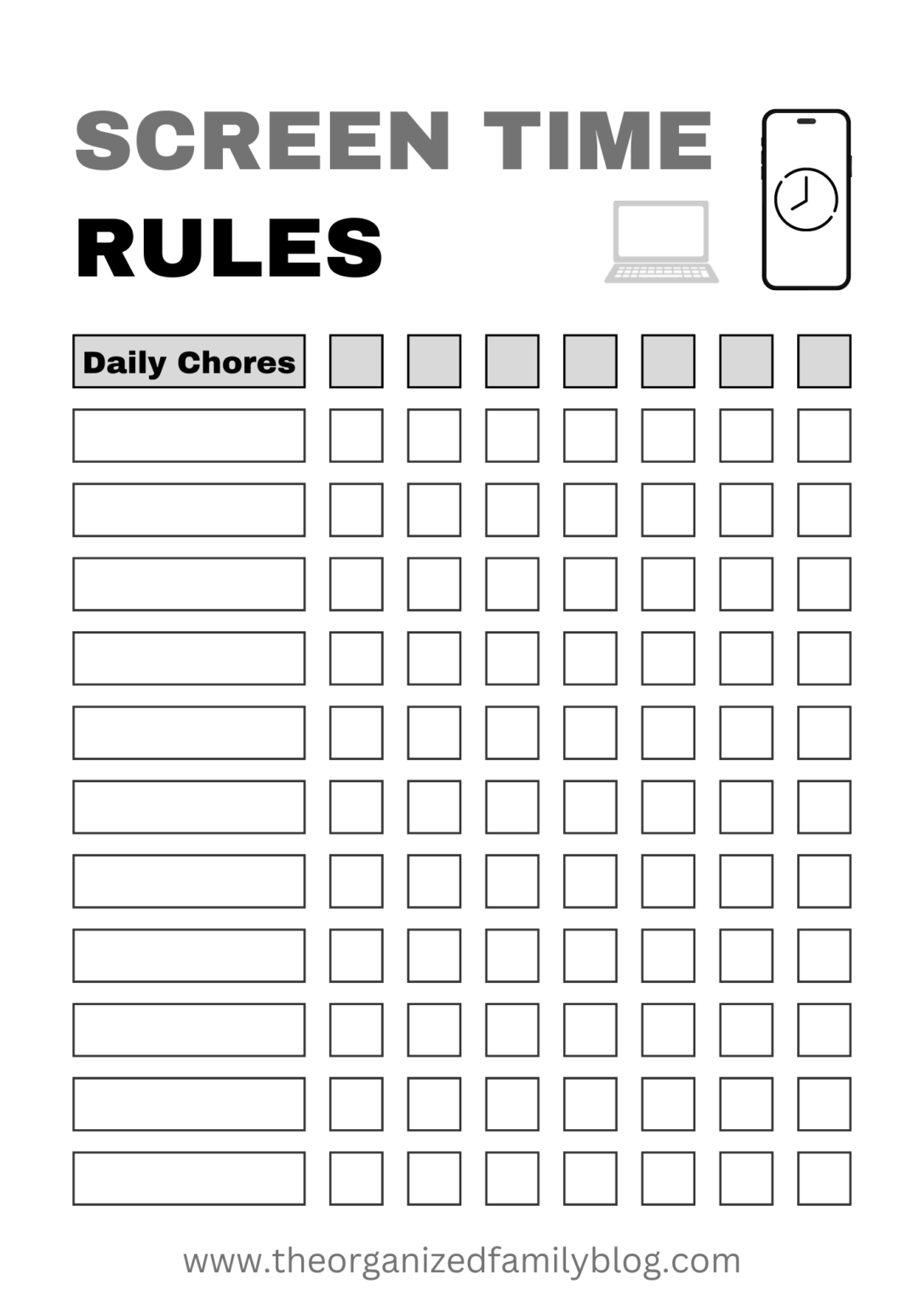 Printable Screen Time Chore Chart - Template Free Printable