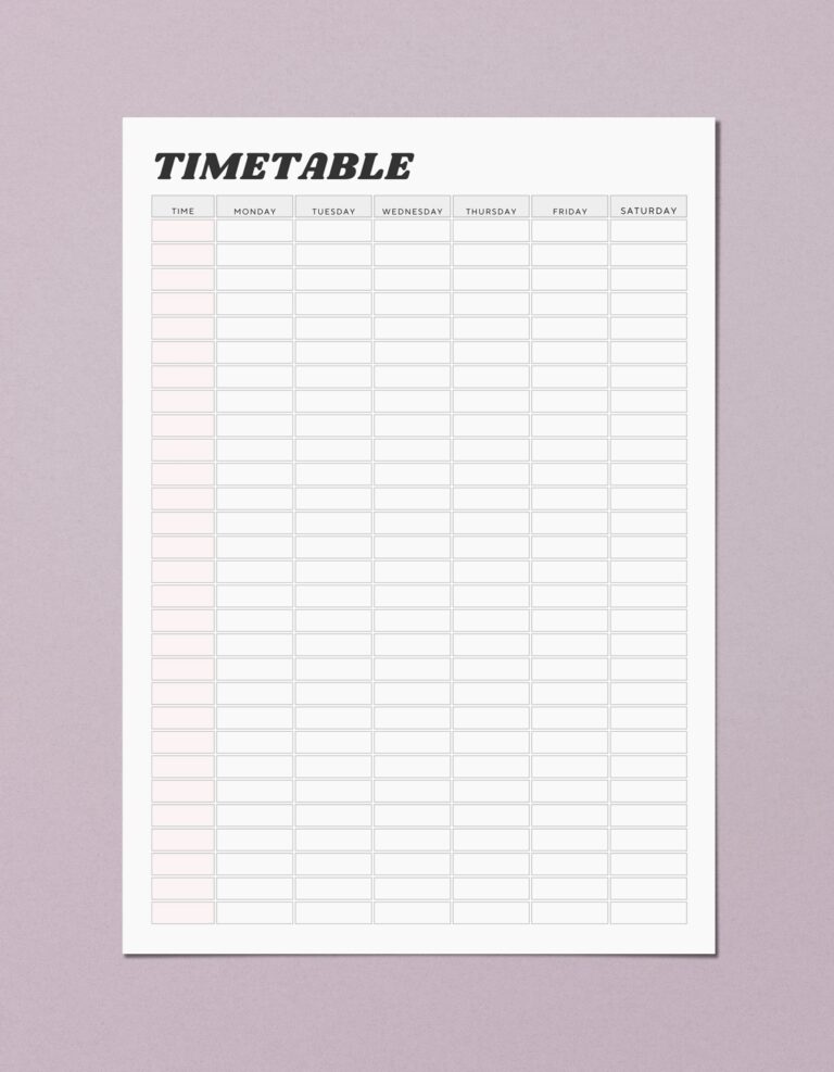 Printable Time Sheets Chart Monday-Saturday - Template Free Printable