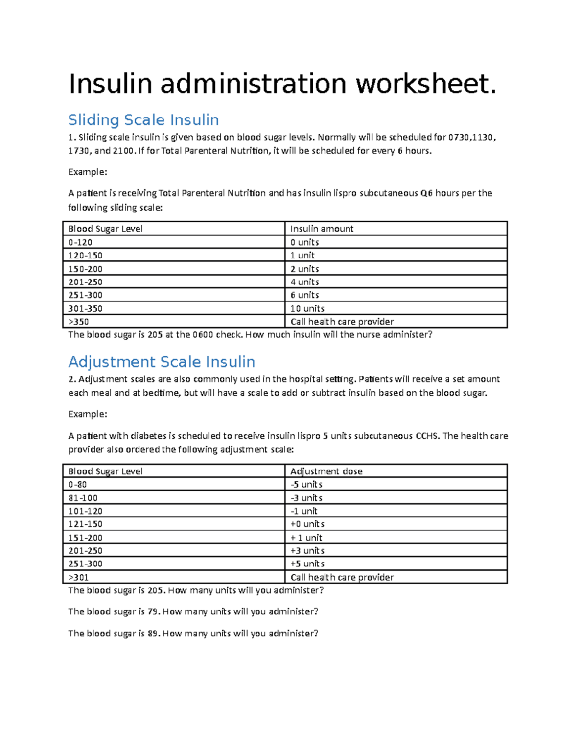 Printable Sliding Scale Insulin Chart Dosage - Template Free Printable