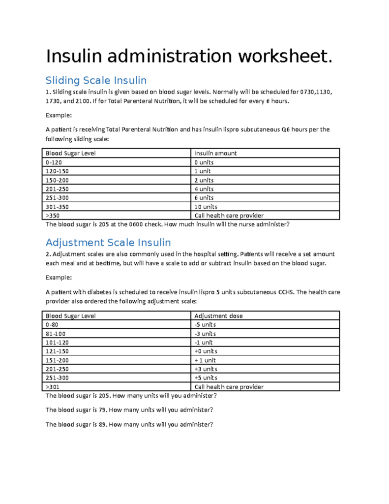 Printable Sliding Scale Insulin Chart Dosage - Template Free Printable