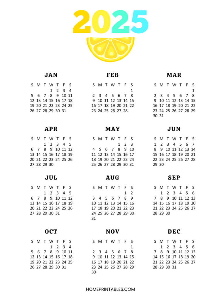 Printable One Year Calendar - Template Free Printable